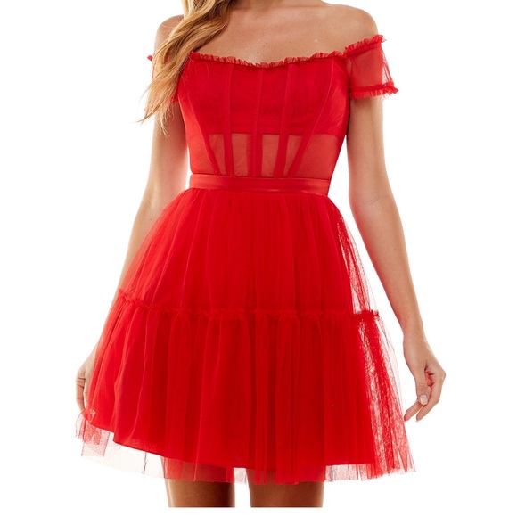 City Studio | Dresses | Red Sheerruffle Dress | Poshmark